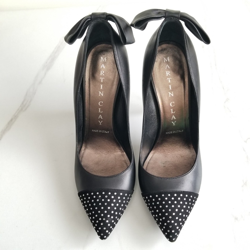 Martin Clay Black Bow Pumps Studded Heels Womens Dres… - Gem
